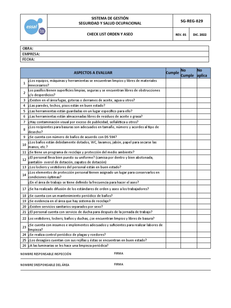 SG-REG-029 Check List Orden y Aseo | PDF | Residuos | Higiene