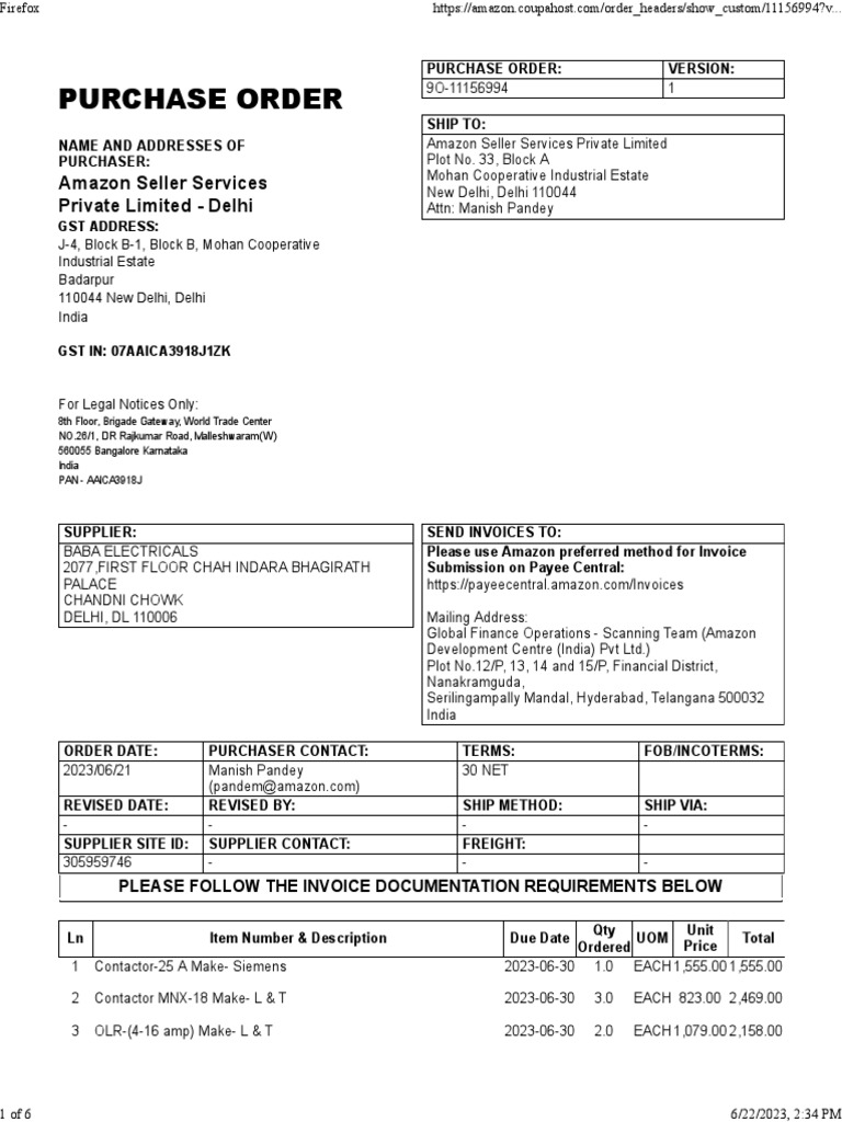 Purchase Order: Amazon Seller Services Private Limited - Delhi | PDF ...
