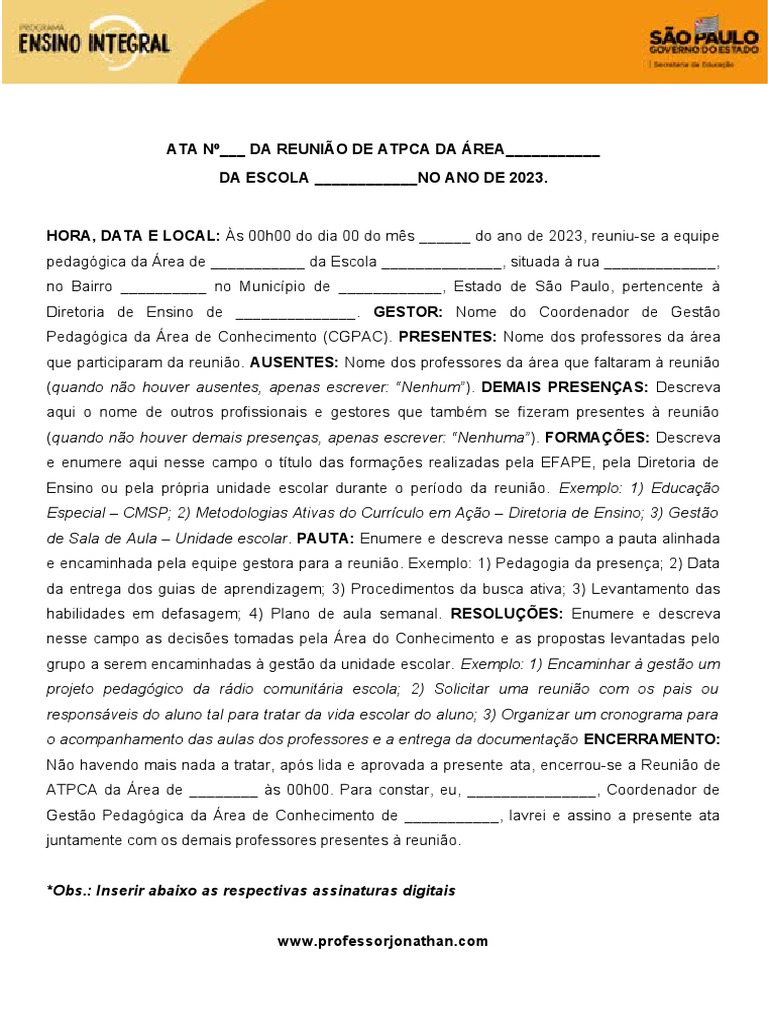 MODELO DE ATA PARA REUNIÃO DE ATPCA E ATPCG | PDF