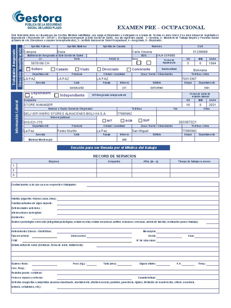 FormularioPreOcupacional - Carla Campos-1 | PDF | Escoliosis | Seguridad y salud ocupacional
