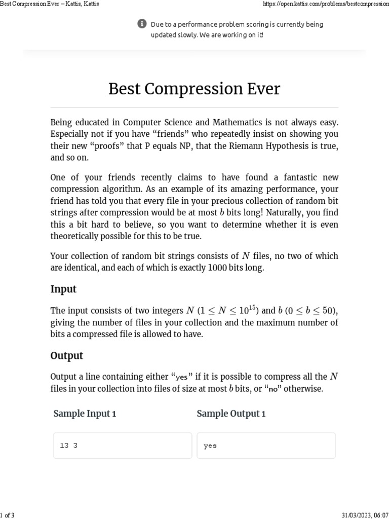 Best Compression Ever – Kattis, Kattis | PDF | Bit | Numbers