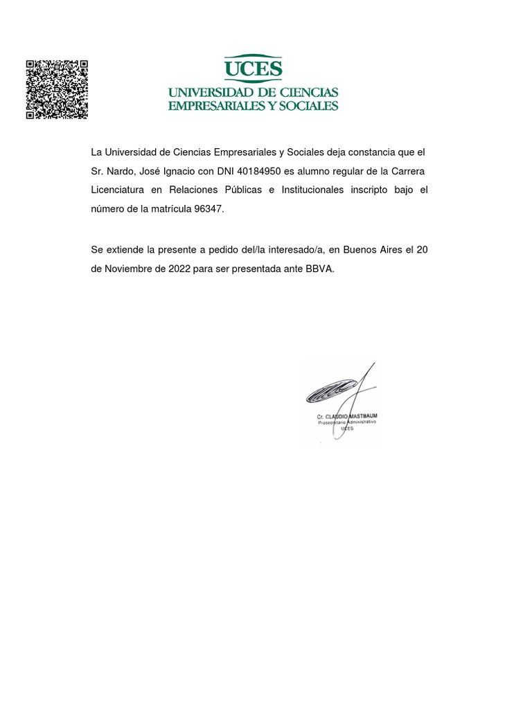 Constancia de Alumno Regular - UCES | PDF