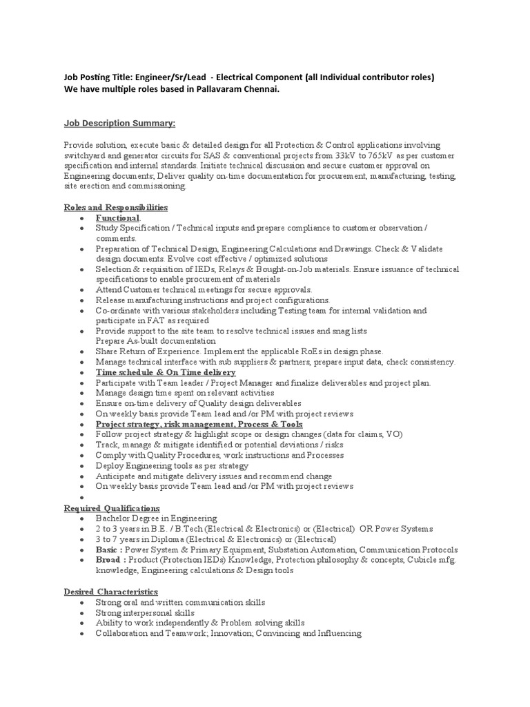 JD - Engineer Electrical Component Design | PDF | Specification ...