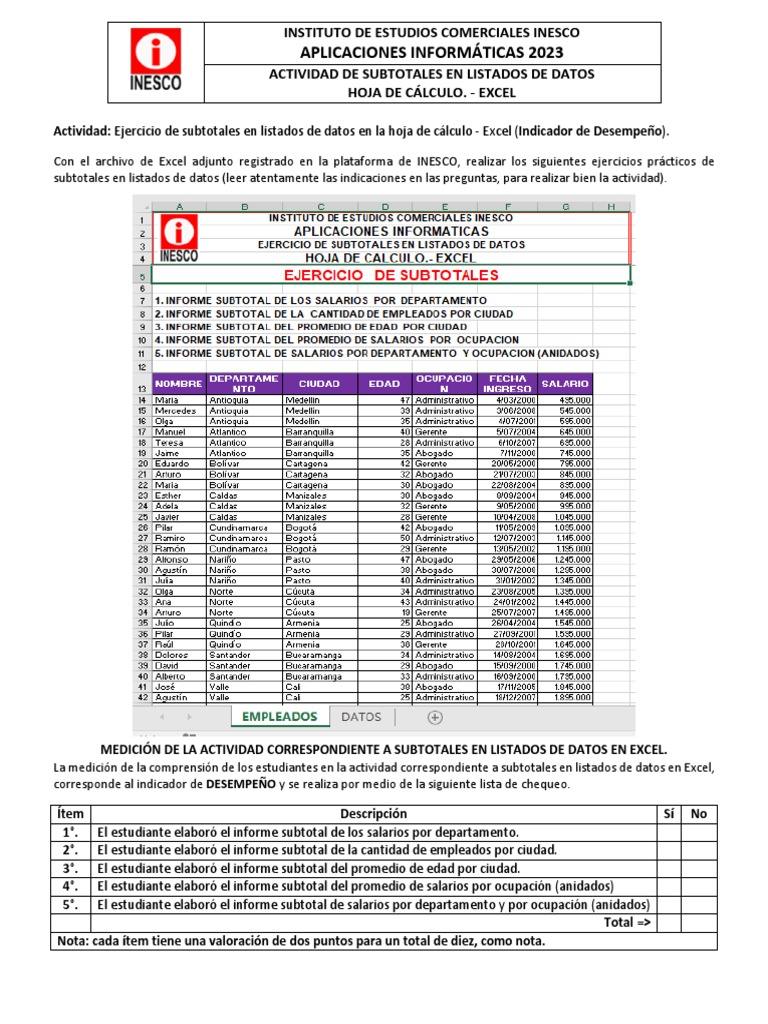 Actividad de Subtotales2 en Listas de Datos en La Hoja de Cálculo Excel | PDF | Microsoft Excel ...