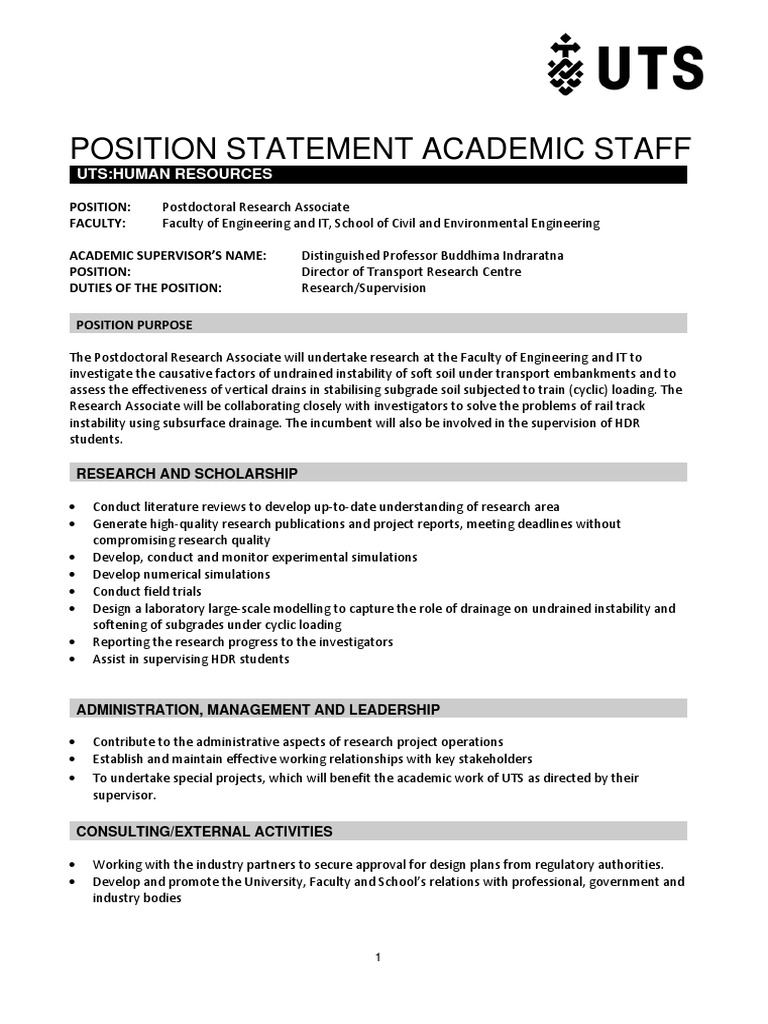 Position Statement - Postdoctoral Research Associate | PDF | Occupational Safety And Health | Skill