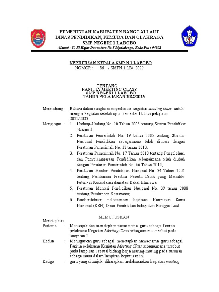 Keputusan Panitia Meeting Class SMPN 1 Labobo | PDF