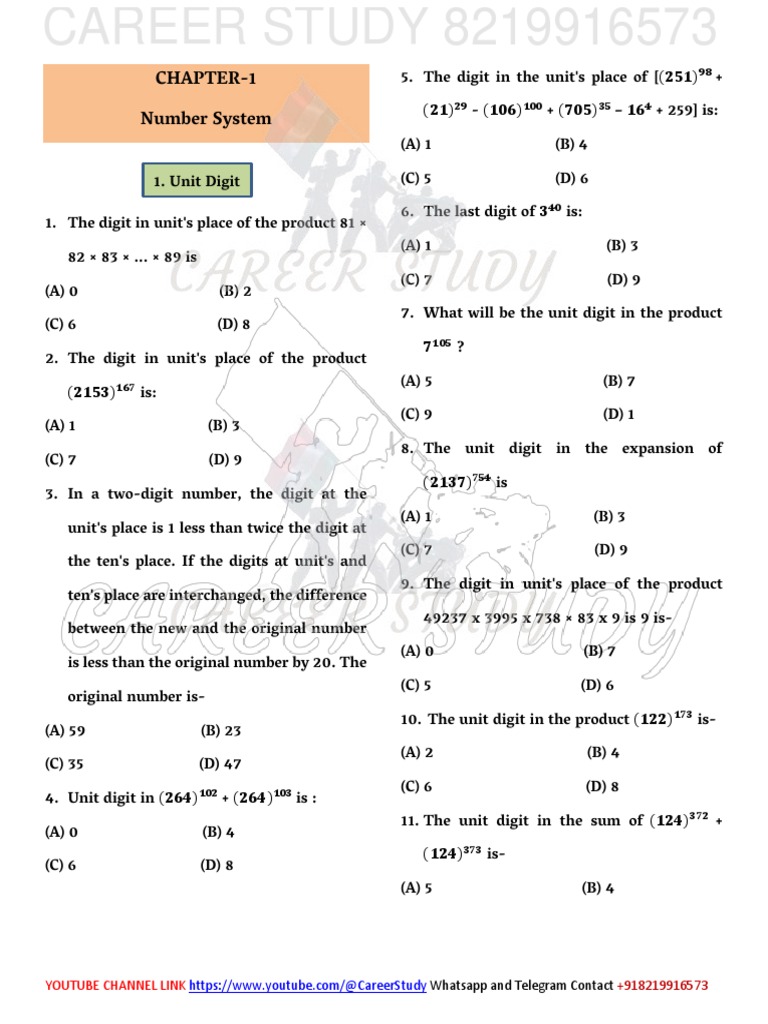 Unit Digit Calculations in Mathematics | PDF | Division (Mathematics ...