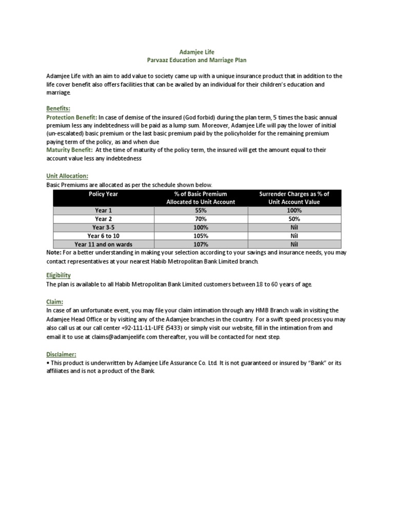 Adamjee Life Parvaaz Education and Marriage Plan | PDF | Insurance ... Adamjee Life Parvaaz Education and Marriage Plan | PDF | Insurance ...