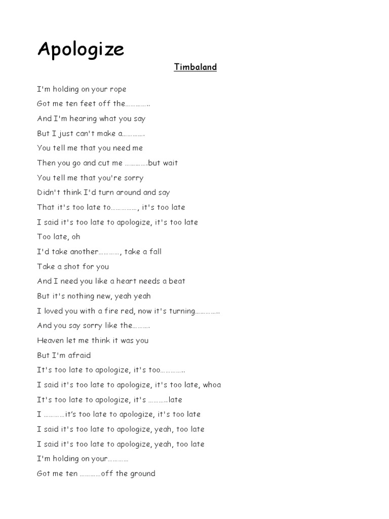 Timbaland's "Apologize" Lyrics Analysis | PDF | Poetry | Home & Garden