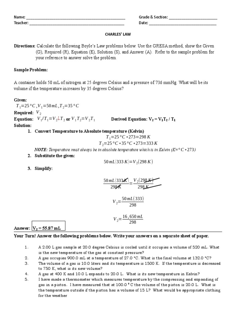 Charles' Law Worksheet | PDF | Temperature | Gases