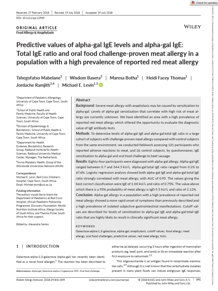 Pediatric Allergy Immunology - 2018 - Mabelane - Predictive Values of Alpha Gal IgE Levels and ...