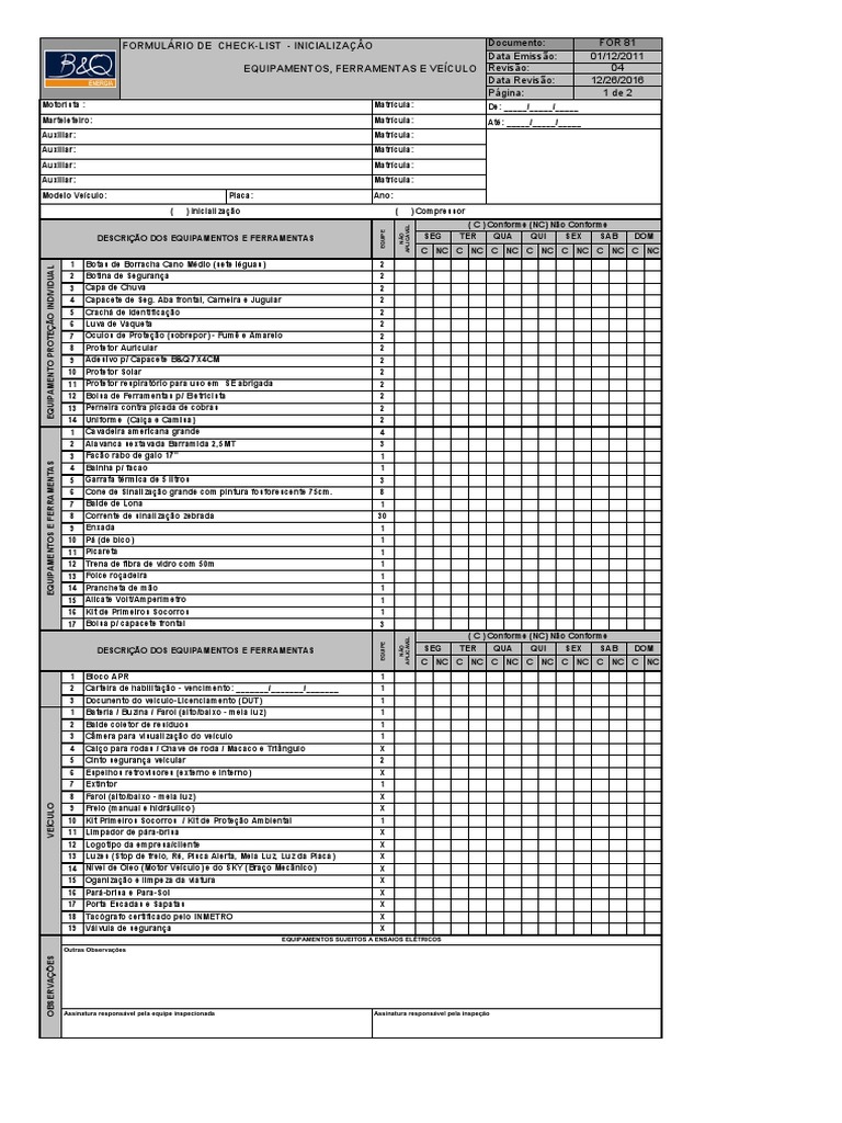Formulário de Check-List Inicialização | Download grátis PDF | Placa de ...
