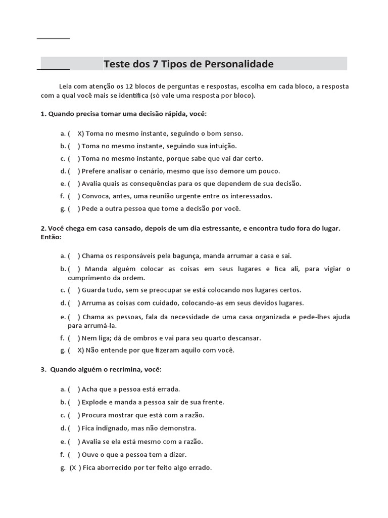 Teste dos 7 Tipos de Personalidade | PDF | Psicologia | Metafísica da mente