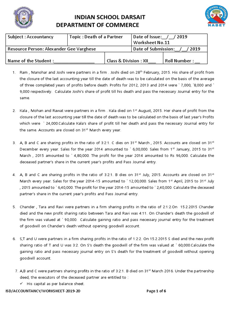 Worksheet-11 Death of A Partner | PDF | Balance Sheet | Goodwill ...