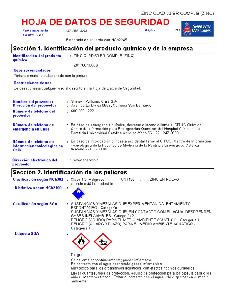Hoja de Seguridad Zinc Clad 60 | PDF | Contaminación | Residuos