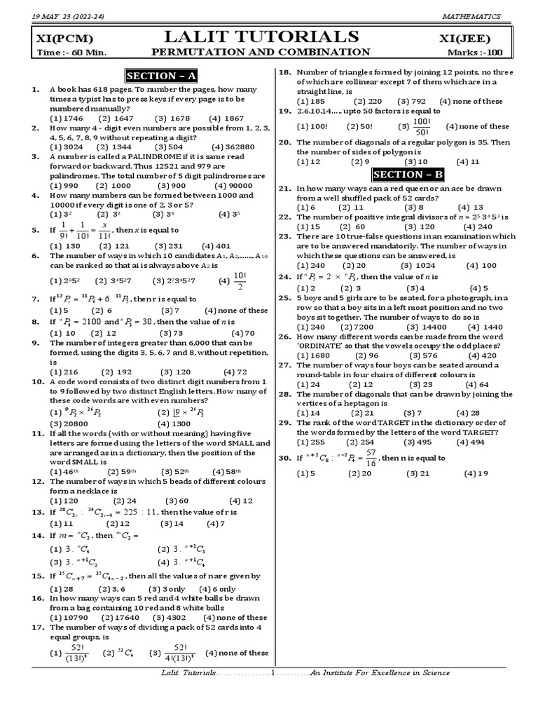 Permutation And Combination Xi 2022 24 Print 19 05 23 Pdf Mathematics