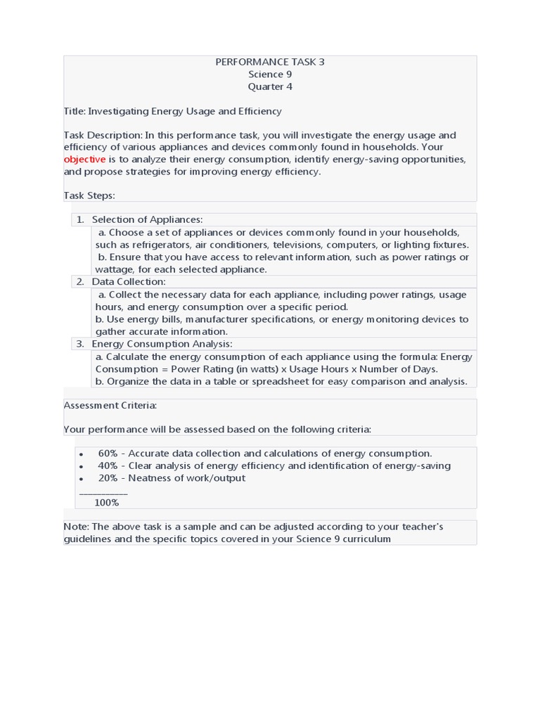 Performance Task in Science 9 - Q4 | PDF | Energy Conservation | Efficient Energy Use