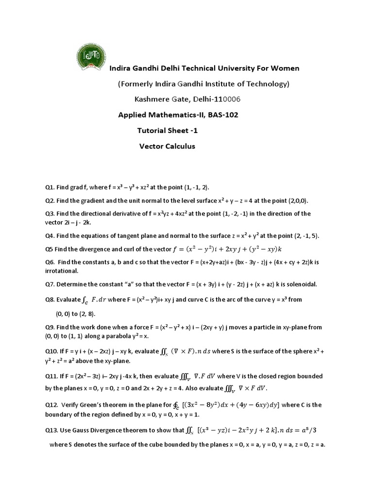 Tutorial Sheet 1 Vector Calculus Pdf Differential Geometry