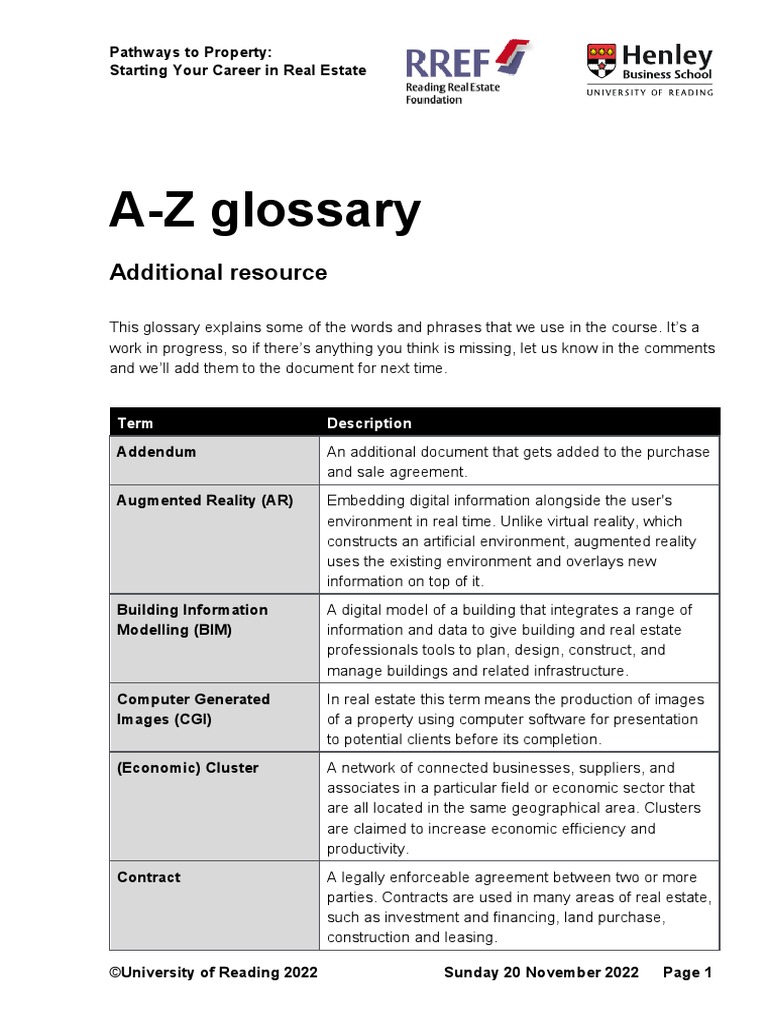 A-Z Glossary Pathways To Property | PDF | Augmented Reality | Return On Investment