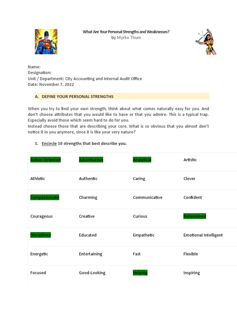 Session 1 Self Awareness Exercise What Are Your Personal Strengths and ...