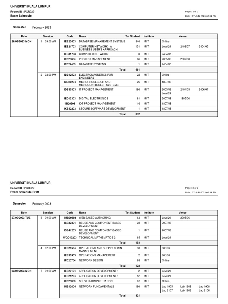 UniKL June 2023 Exam Schedule | PDF | Component Based Software Engineering | Computing