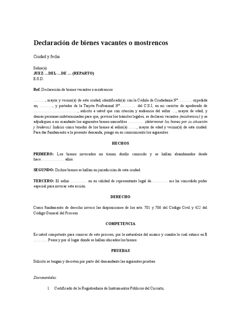 Declaración de Bienes Vacantes y Mostrencos | PDF | Gobierno | Justicia