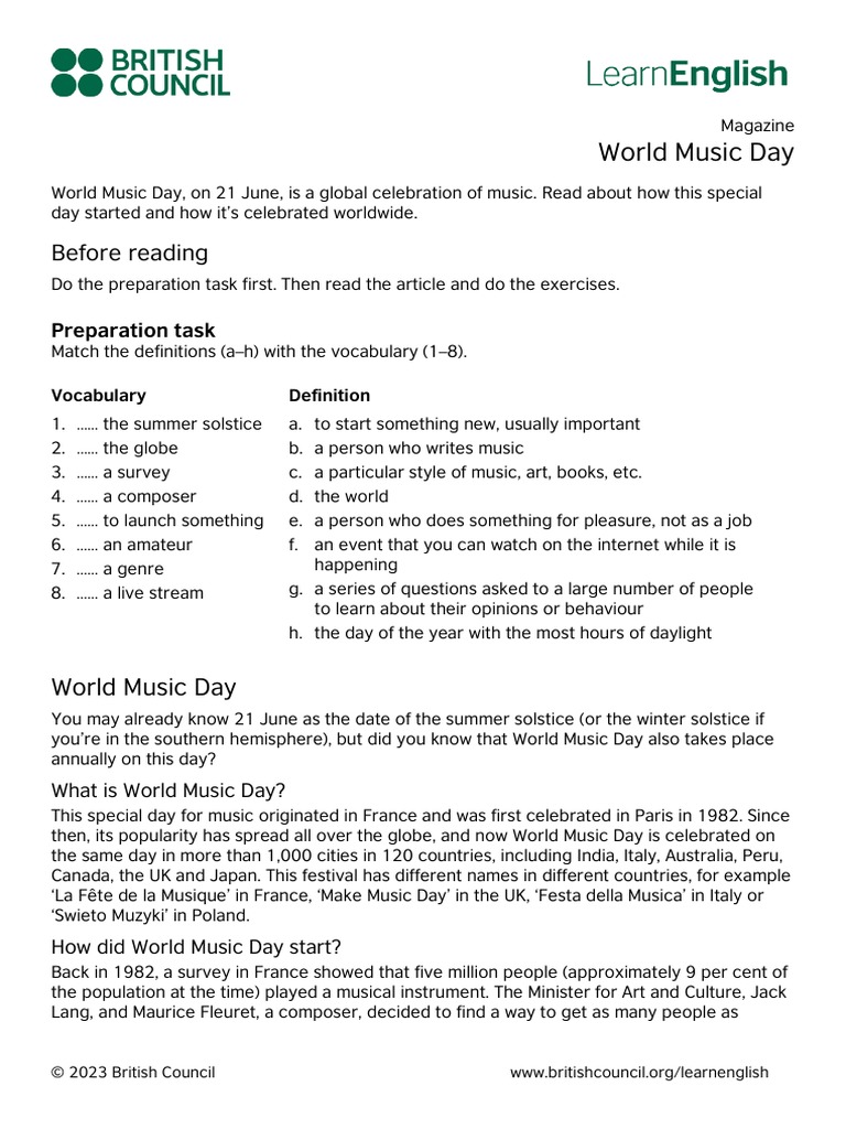 LearnEnglish Magazine World Music Day | PDF | Entertainment ...