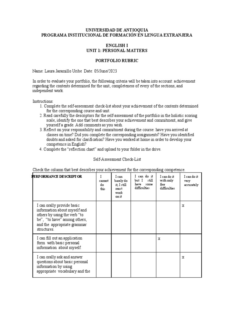 Self Assessment Unit 1 Pifle 1-2 | Download Free PDF | Rubric (Academic ...