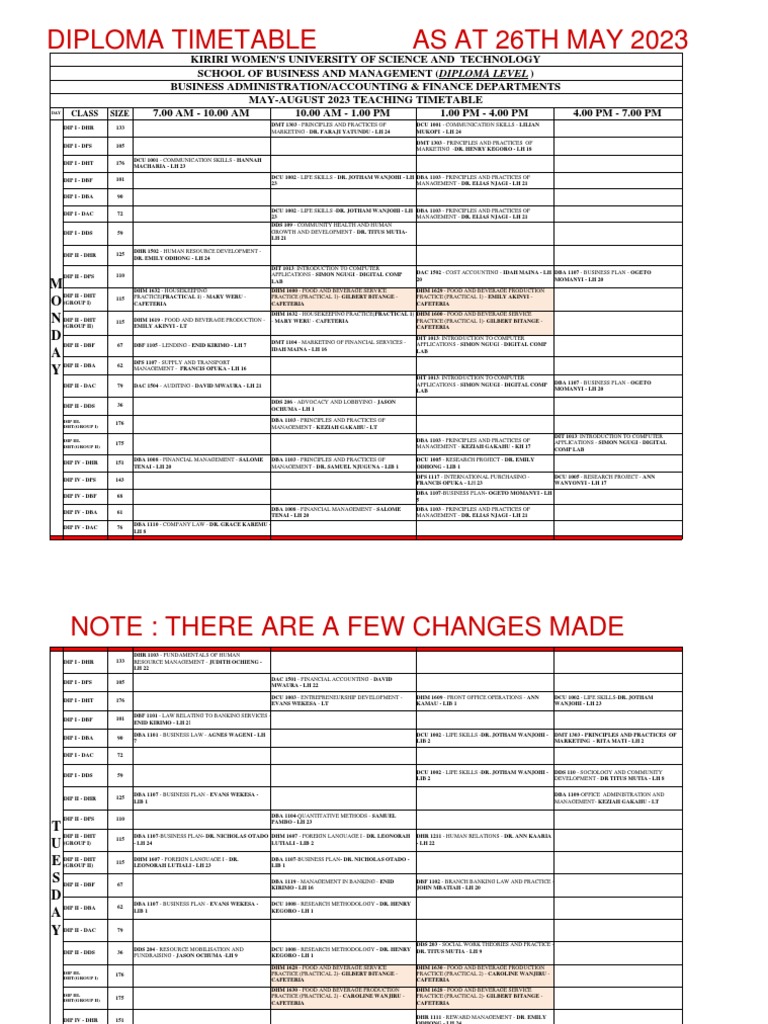 Revised Diploma Teaching Timetable May - Aug 2023 | Download Free PDF ...
