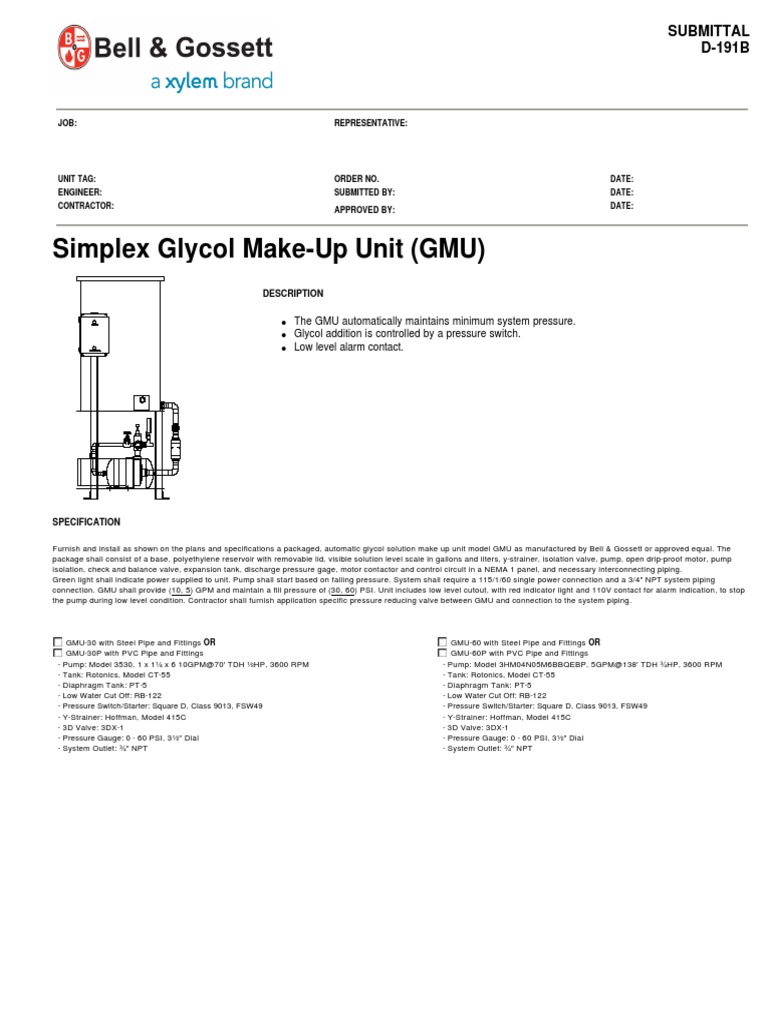 Simplex Glycol Make-Up Unit (GMU) : Submittal D-191B | PDF | Pump ...
