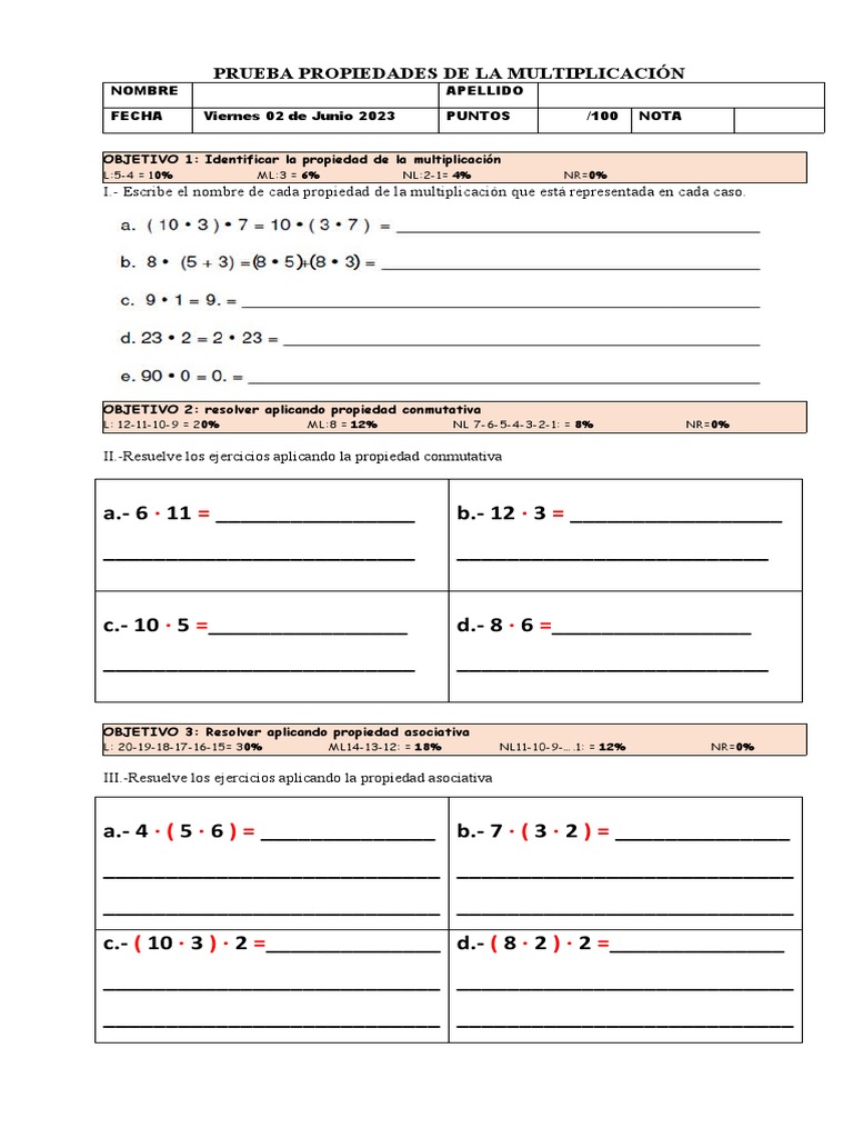 PRUEBA PROPIEDADES DE LA MULTIPLICACION | PDF