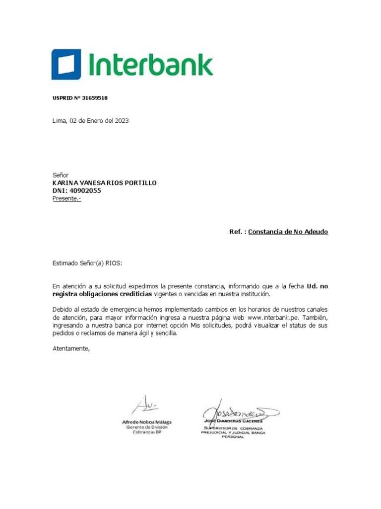 CARTA NO ADEUDO INTERBANK - KARINA VANESA | PDF