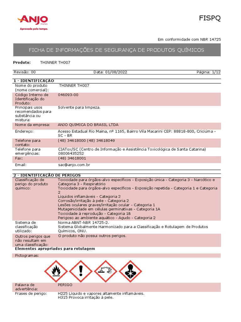 FISPQ - Thinner 007 Anjo | PDF | Ácido sulfúrico | Ácido nítrico