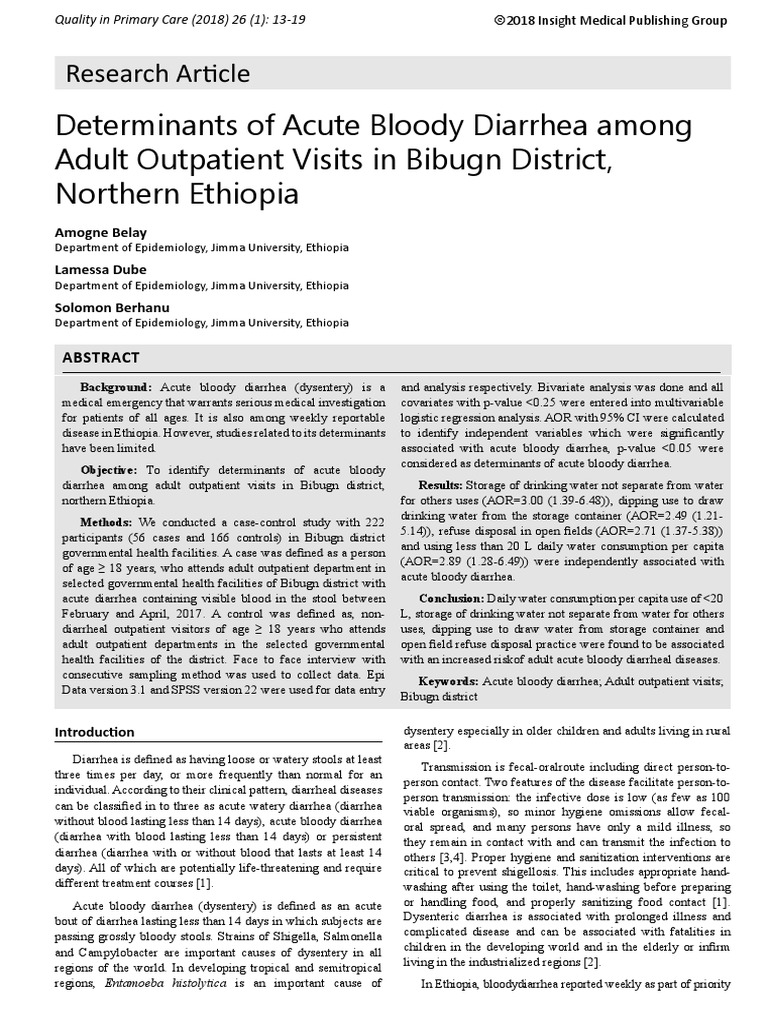 Determinants of Acute Bloody Diarrhea Among Adult Outpatient Visits in ...