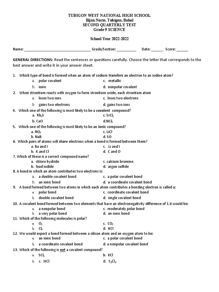 Quarterly Test in g9 Science 2nd Grading | PDF | Chemical Bond ...
