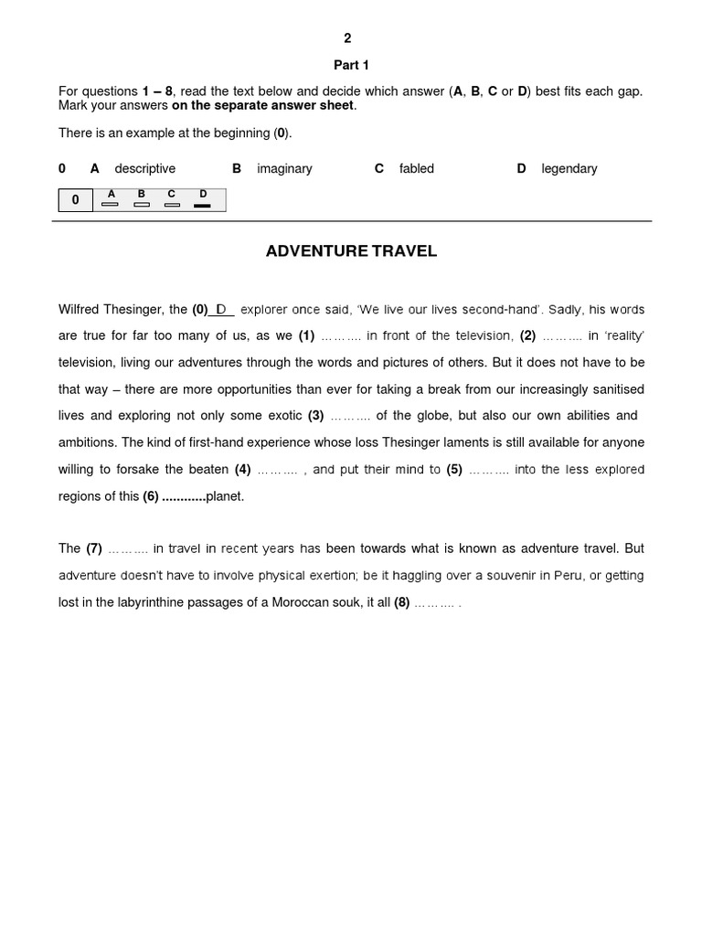 Adventure Travel: 2 - 8, Read The Text Below and Decide Which Answer (A, B, C or D) Best Fits ...