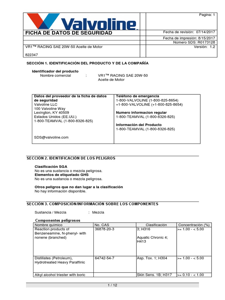 7. HOJA DE SEGURIDAD ACEITE 20W-50 VALVOLINE | PDF | Neumonía | Agua