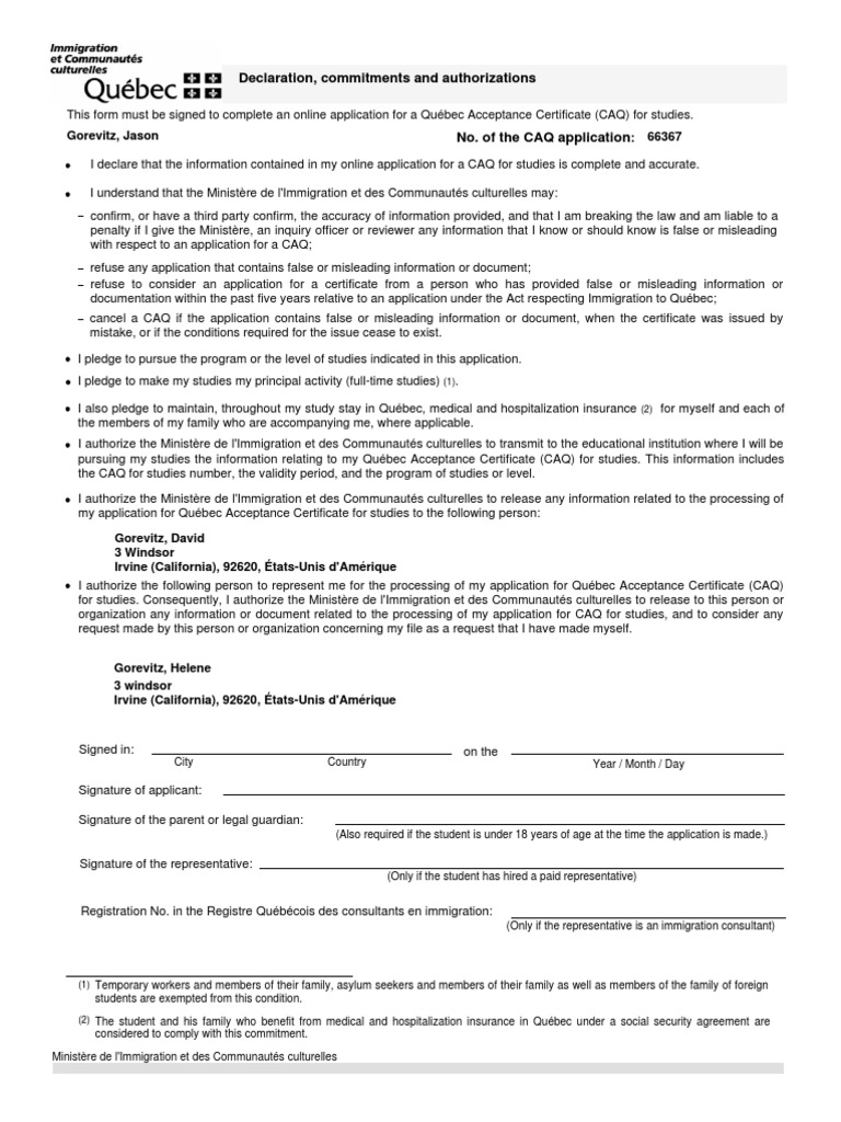 Declaration, Commitments and Authorizations: Gorevitz, Jason 66367 | PDF | Identity Document ...