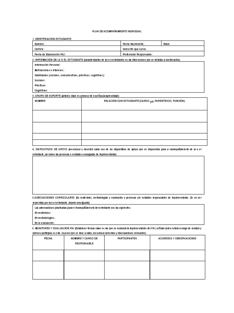 Formato Plan de Acompañamiento Individual - PACE2023 | PDF