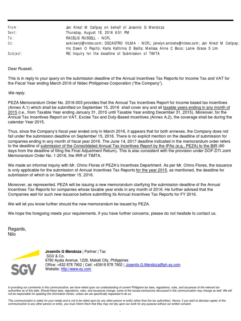 07 - Inquiry For The Deadline of Submission of TIMTA | PDF | Taxes ...