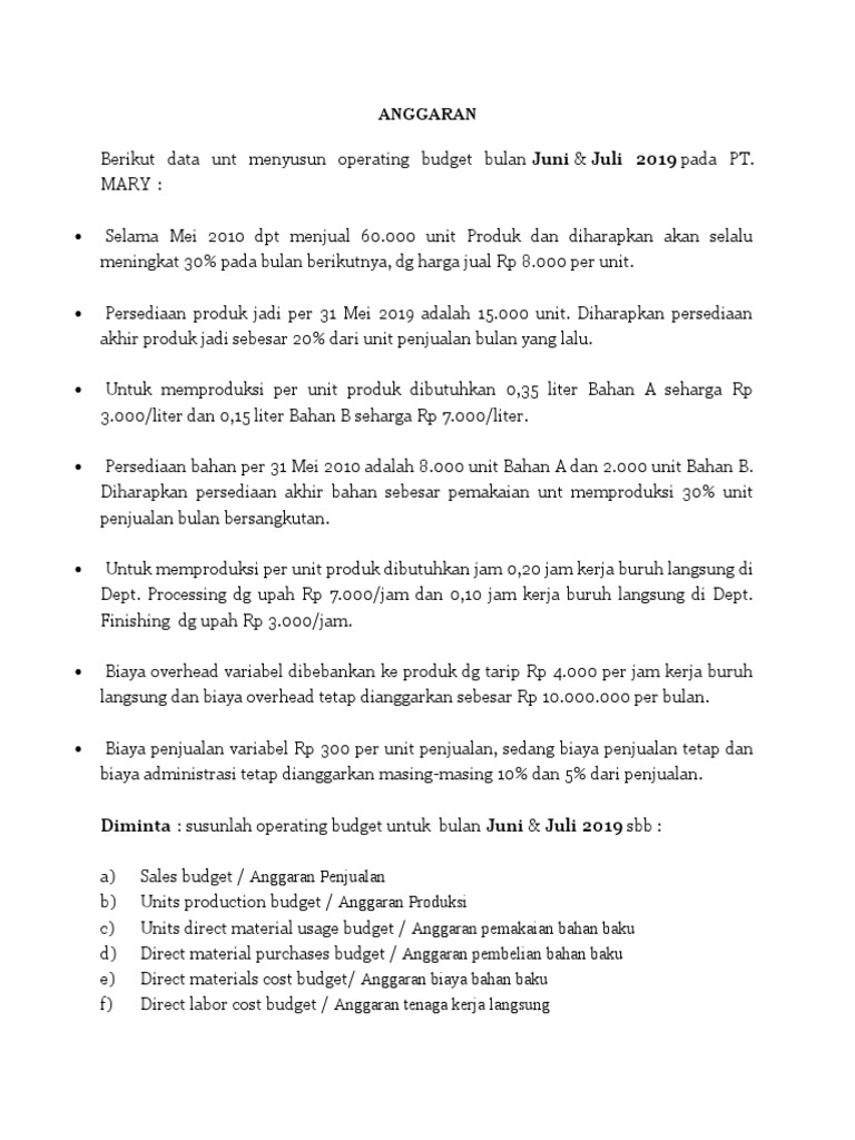 SOAL - ANGGARAN Komprehensif | PDF | Pengelolaan Keuangan & Uang | Griya & Taman
