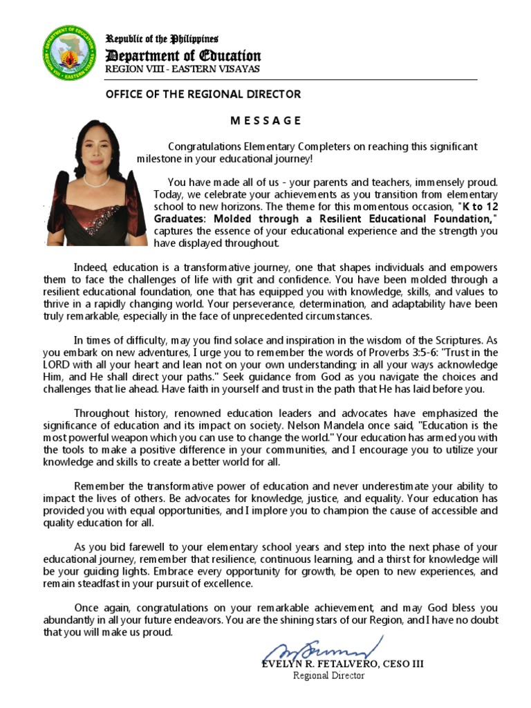 Message For Elementary End of School Year Rites 1 | PDF