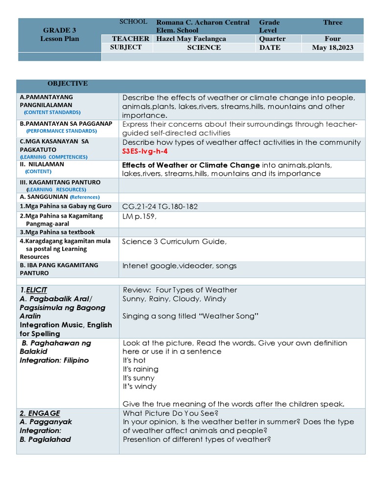 Lesson Plan in Grade 3 Science 4th Quarter | PDF | Cognition