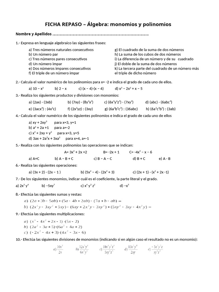 Ficha Repaso Mono Poli | PDF | Relaciones matematicas | Matemáticas ...
