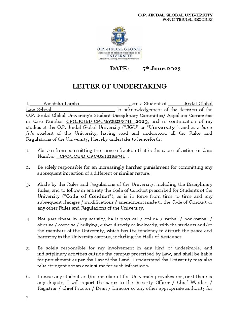 Template - Letter of Undertaking (For Students) | PDF | Government | Justice