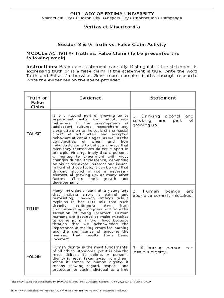 Session 8 9 Truth vs. False Claim Activity Final | PDF | Truth | Plagiarism