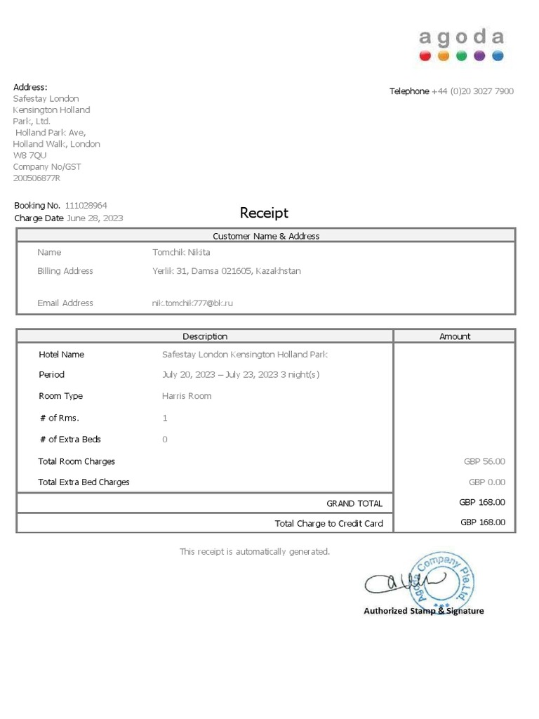 Agoda Booking ID 111028964 RECEIPT | PDF