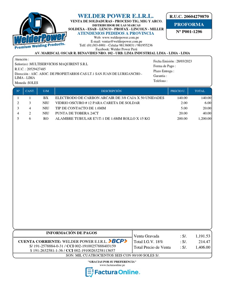 Proforma P001-1296 W | PDF | Materiales | Procesos industriales