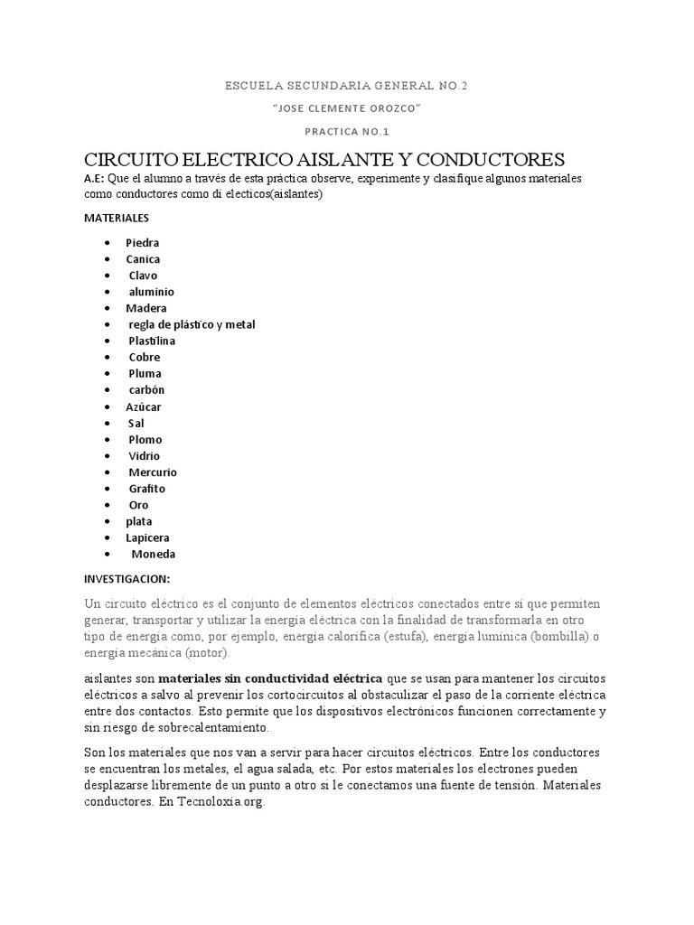 Practica 1 | PDF | Conductor electrico | Aislador (Electricidad)