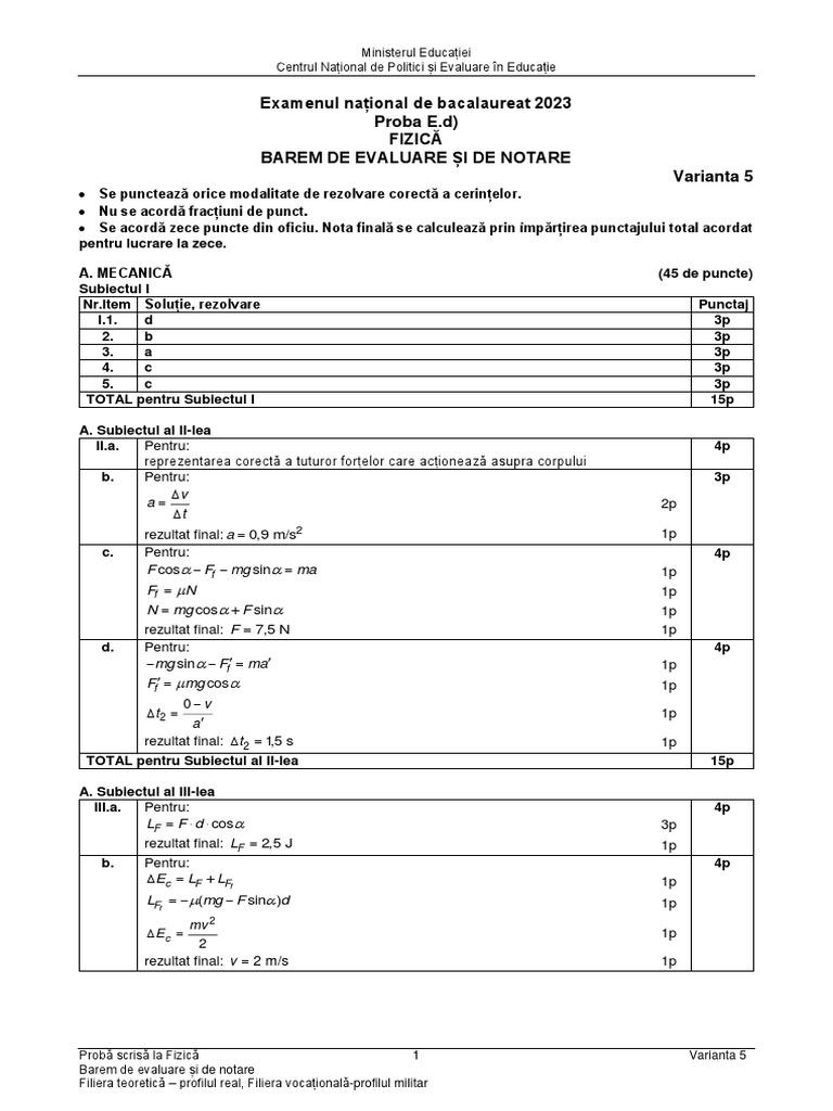Barem Fizica Teoretic Vocational | PDF